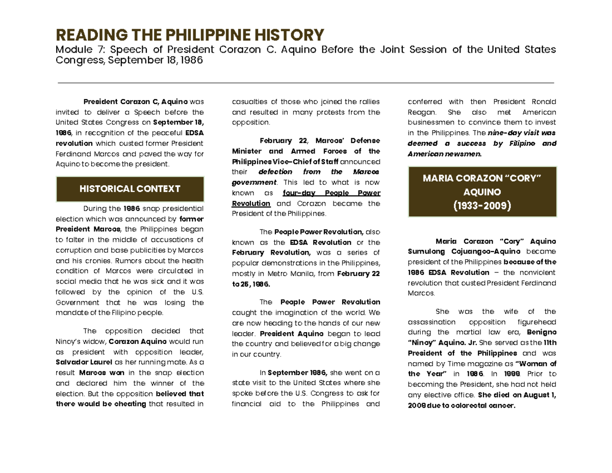 RPH MOD-7 - RPH - READING THE PHILIPPINE HISTORY Module 7: Speech of President Corazon C. Aquino ...