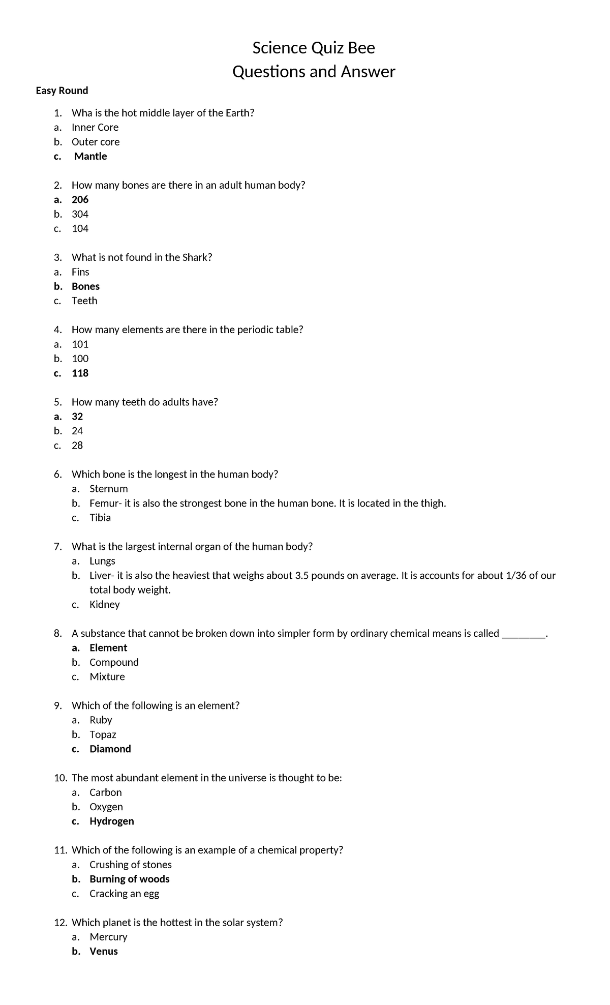 525572148 Science Quiz Bee - Easy Round Questions and Answers - Studocu