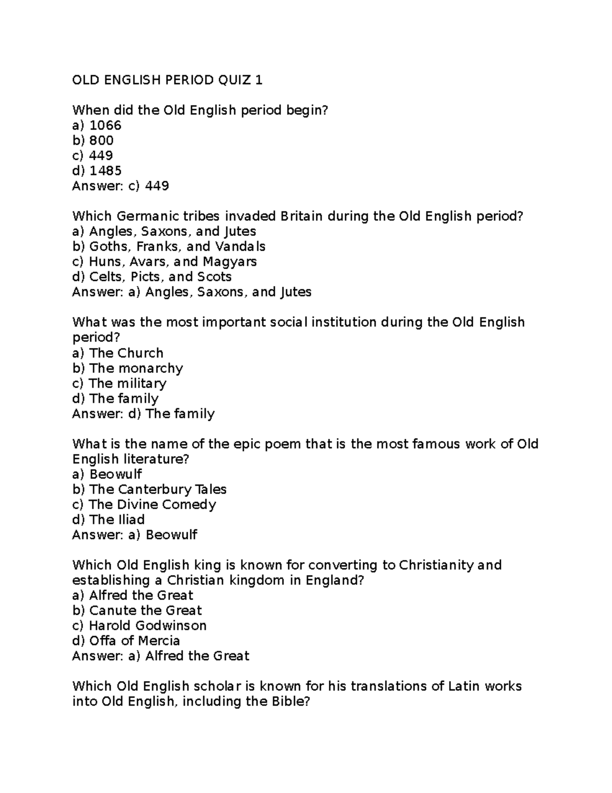OLD English Period Quiz 1: Key Questions & Answers - Studocu