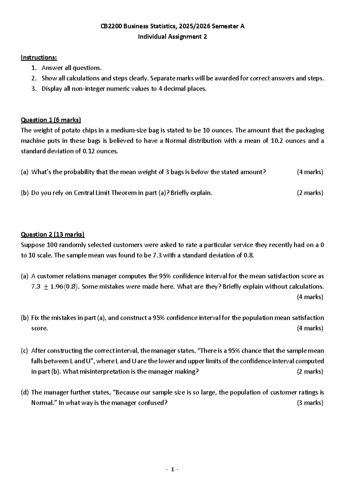 CB2200 Business Statistics: Individual Assignment 2 Questions - Studocu