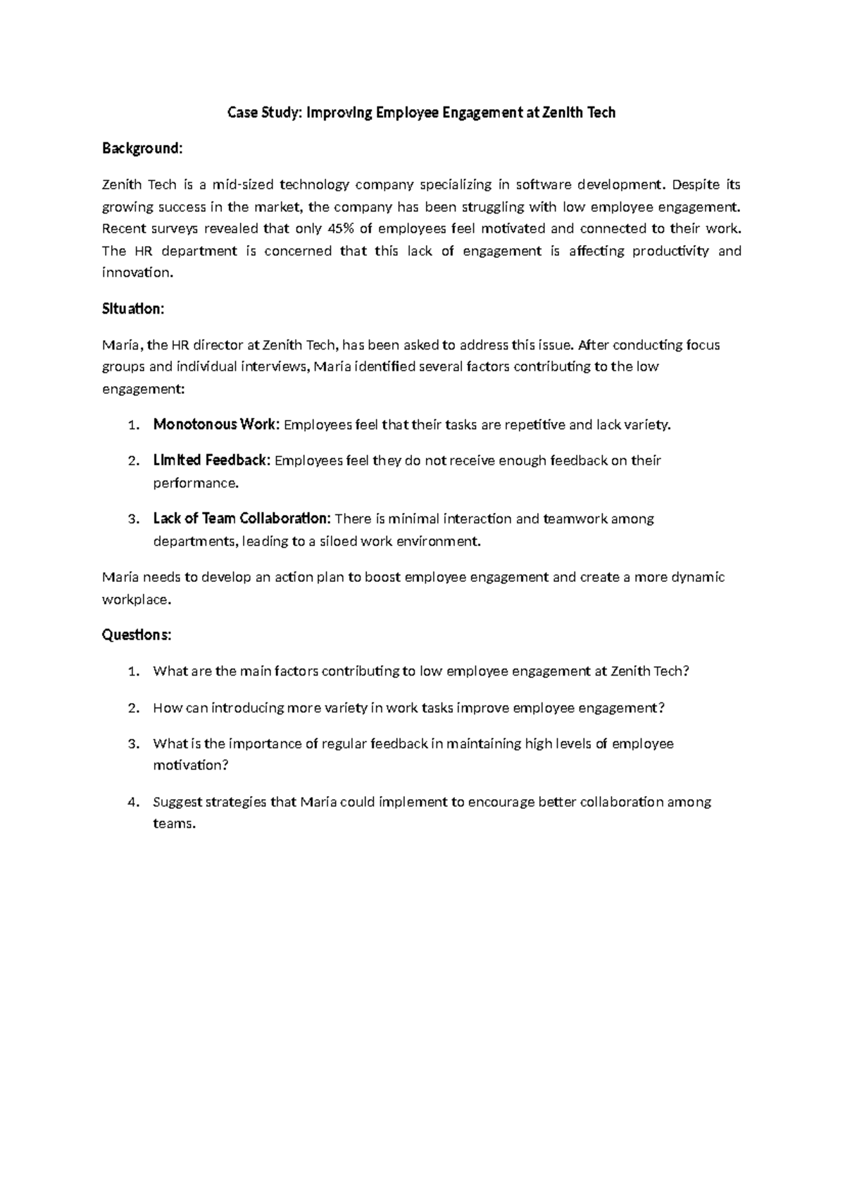 Case Study: Enhancing Employee Engagement at Zenith Tech - HRM - Studocu