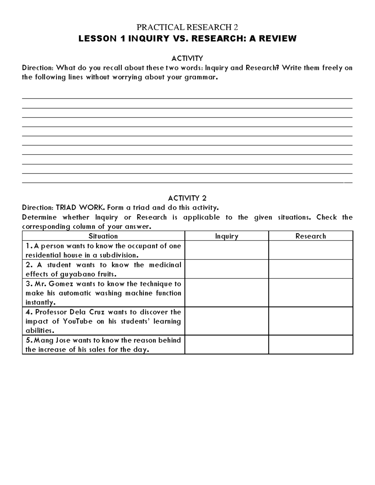 Practical Research 2: Seatwork 1 on Inquiry vs. Research Activities ...
