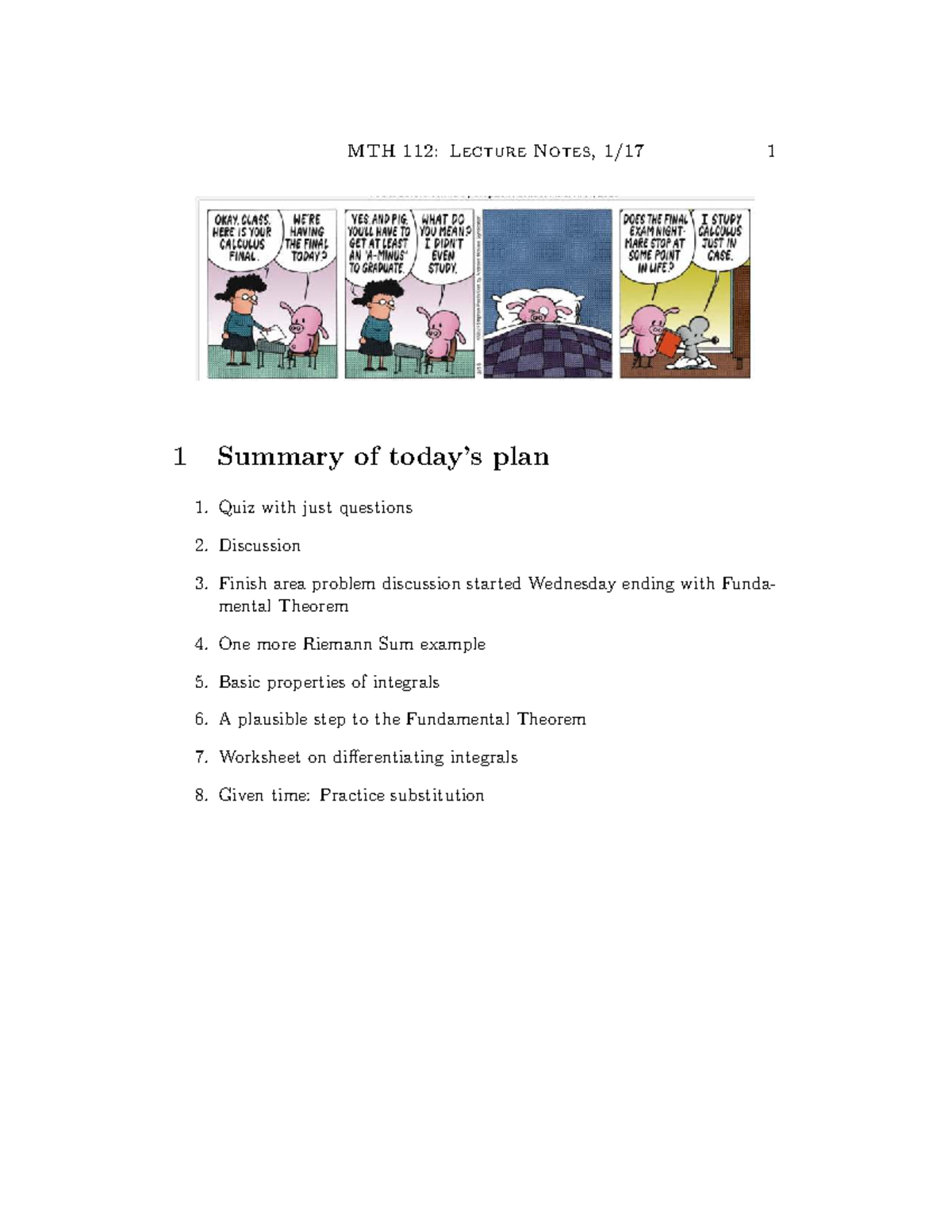 MTH 112: Lecture Notes - Areas, Integrals, and Fundamental Theorem, 1/ ...