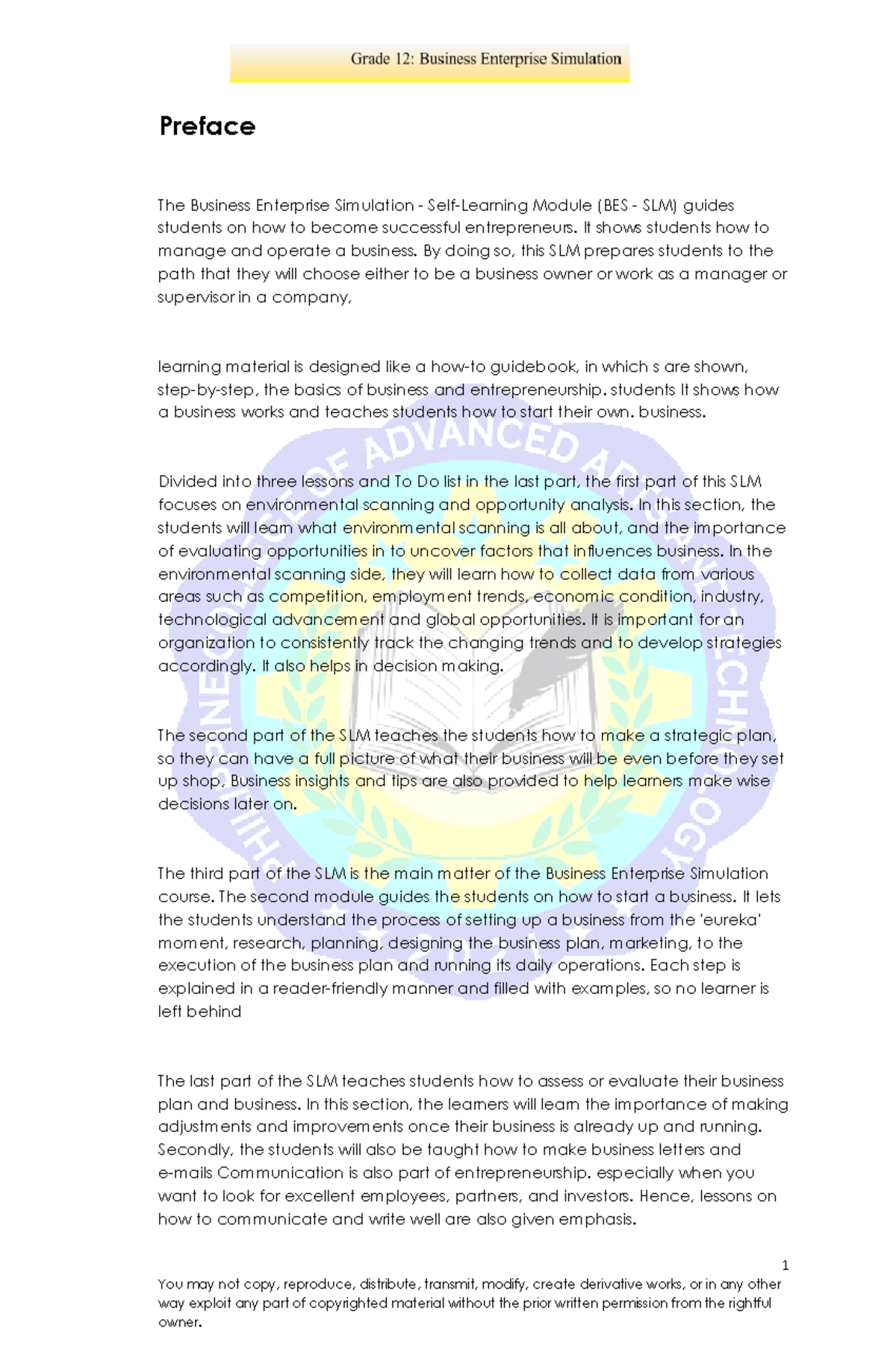 Business Enterprise Simulation Module: Entrepreneurial Insights and ...