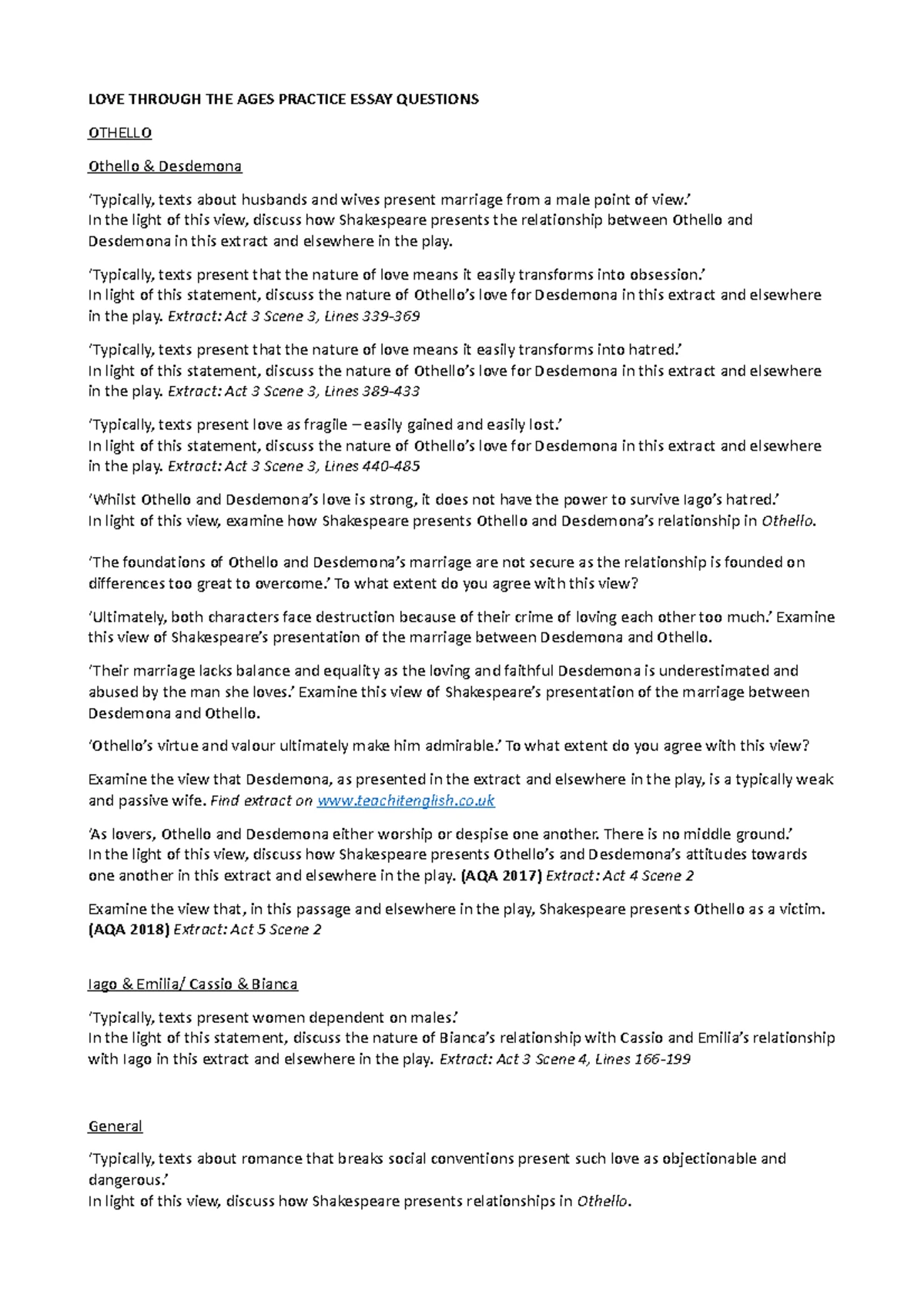 Othello-ppqs - Practice questions for Othello. - AQA A Level English ...