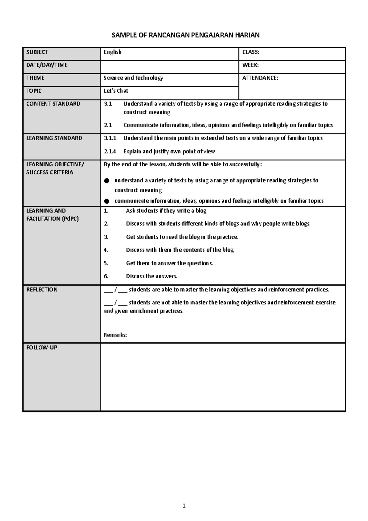 E RPH F4 Unit 1: Daily Lesson Plan on Science & Technology - Studocu
