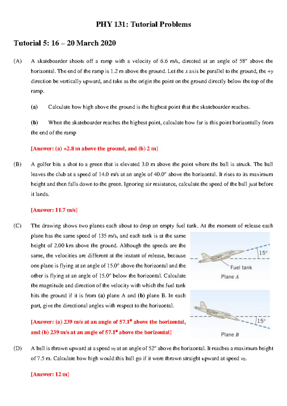 Tutorial 5-Students - PHY 131: Tutorial Problems Tutorial 5: 16 – 20 ...