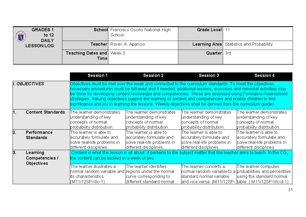 WEEK 3 - Daily Lesson Log for Grade 11 Statistics and Probability - Studocu