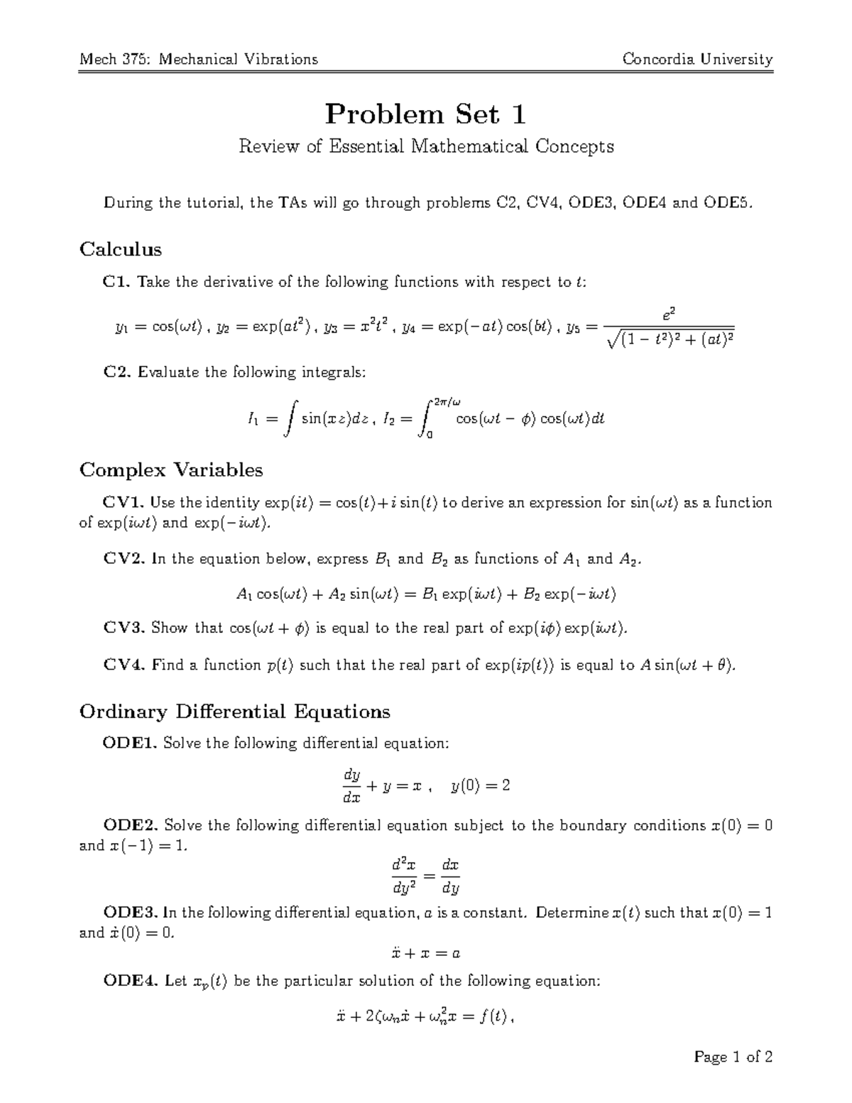 Mech 375: Mechanical Vibrations Problem Set 1 Review - Studocu
