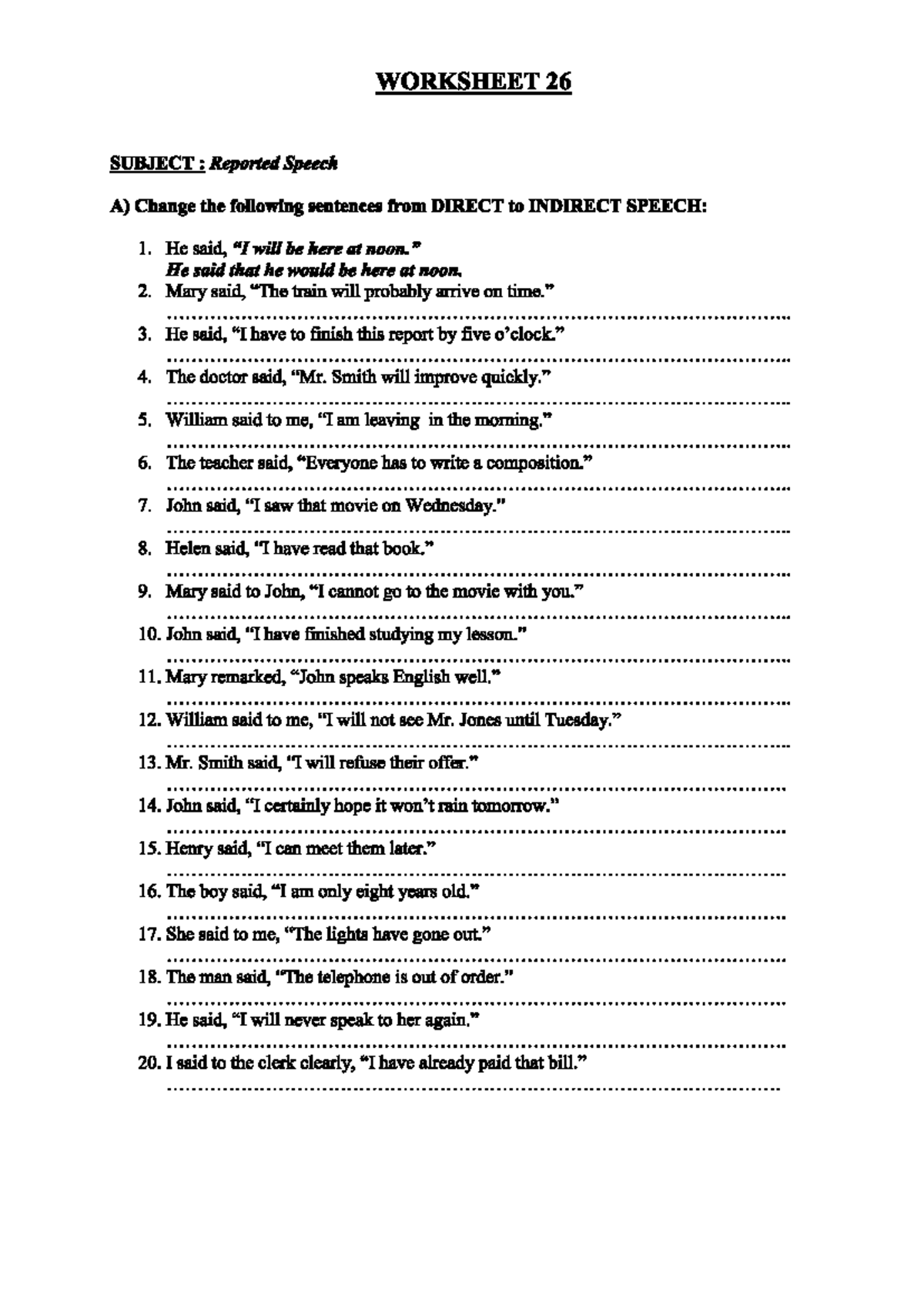 Reported Speech Worksheets: Transforming Direct to Indirect Speech ...