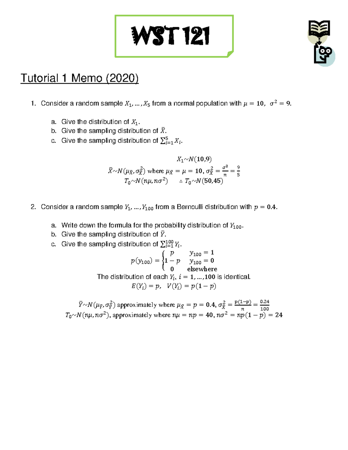 Tutorial 1 Memo - WST 121 Tutorial 1 Memo (2020) Consider a random ...