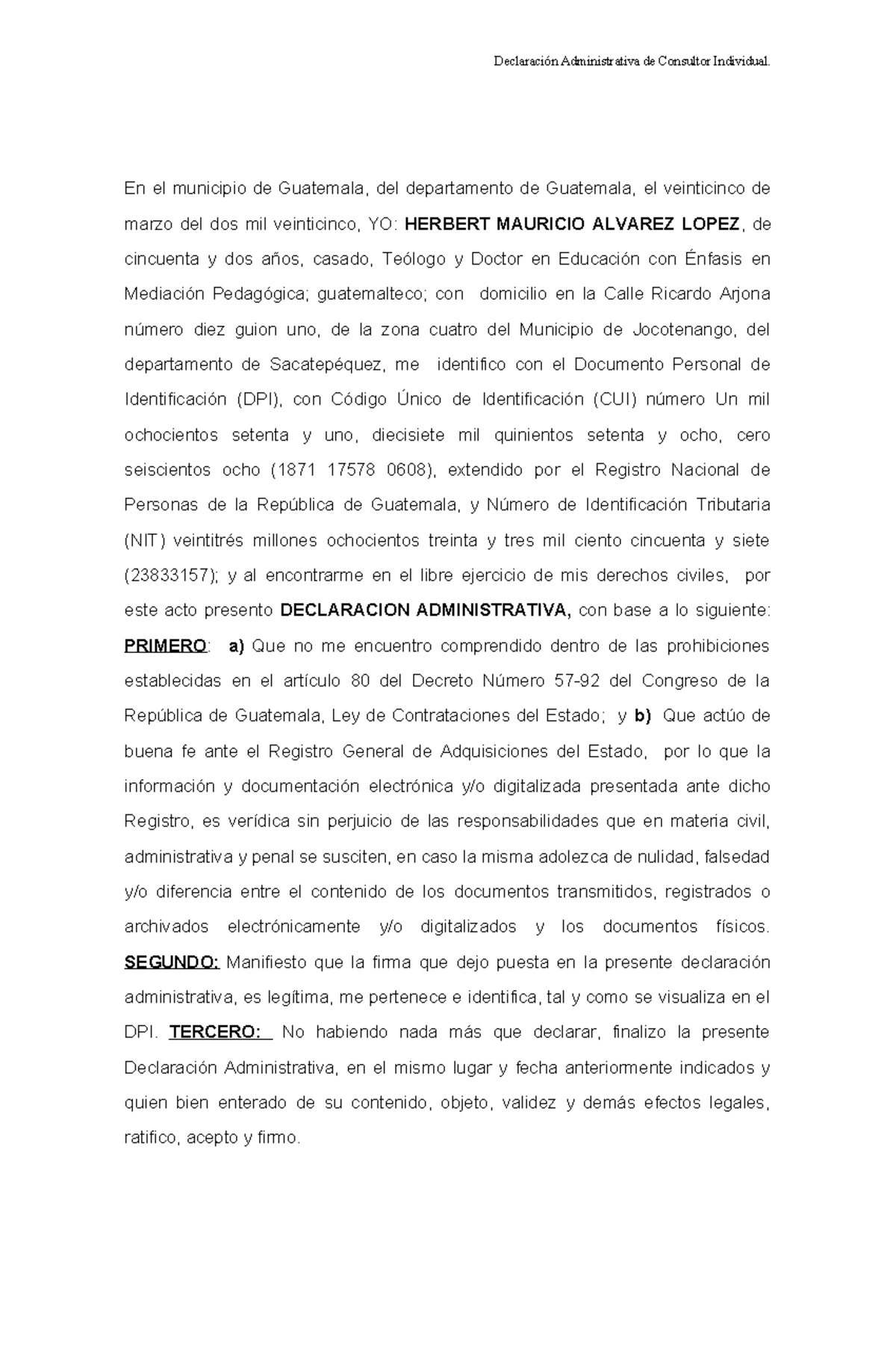 Modelo de Declaración Administrativa Simple para Consultor Individual ...
