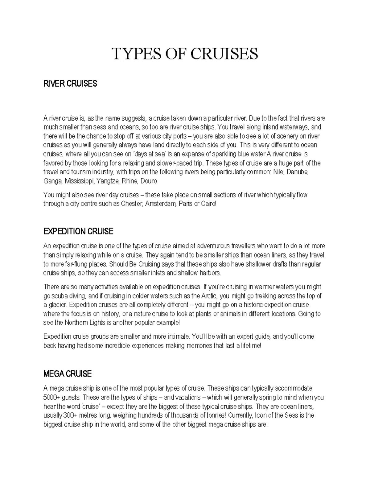 633815709 Types of Cruises docx - TYPES OF CRUISES RIVER CRUISES A ...