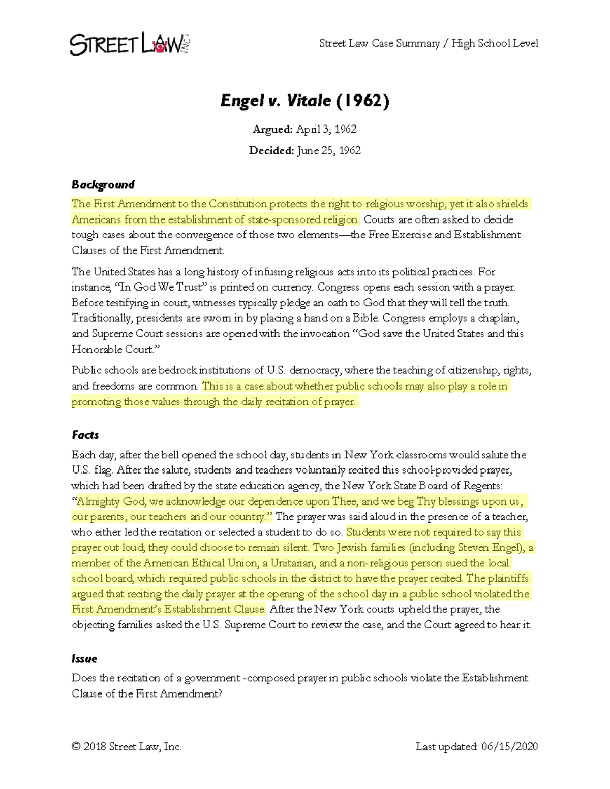 Engel v. Vitale (1962) Case Summary & Supreme Court Analysis - Studocu