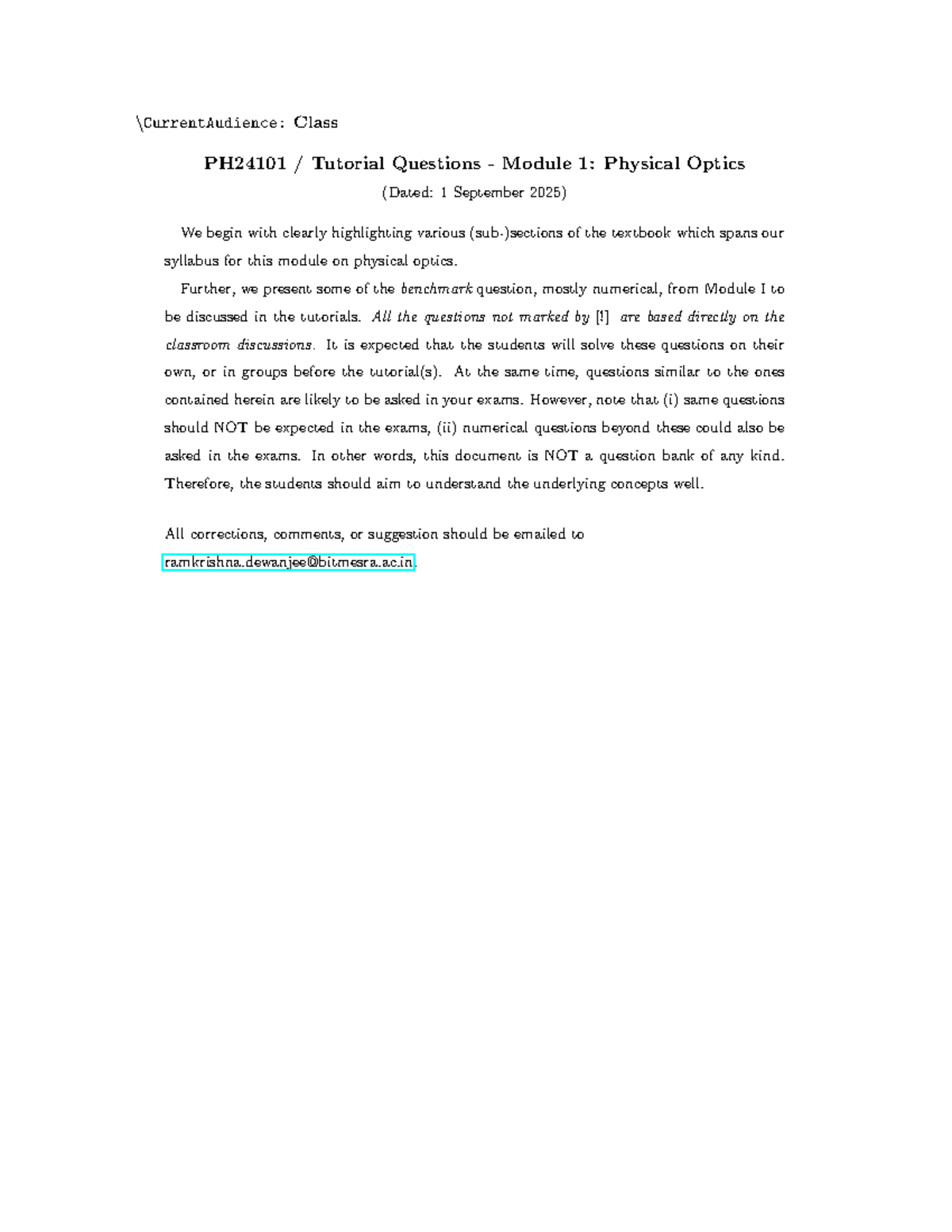 PH24101 Module 1: Physical Optics Tutorial Questions - Studocu