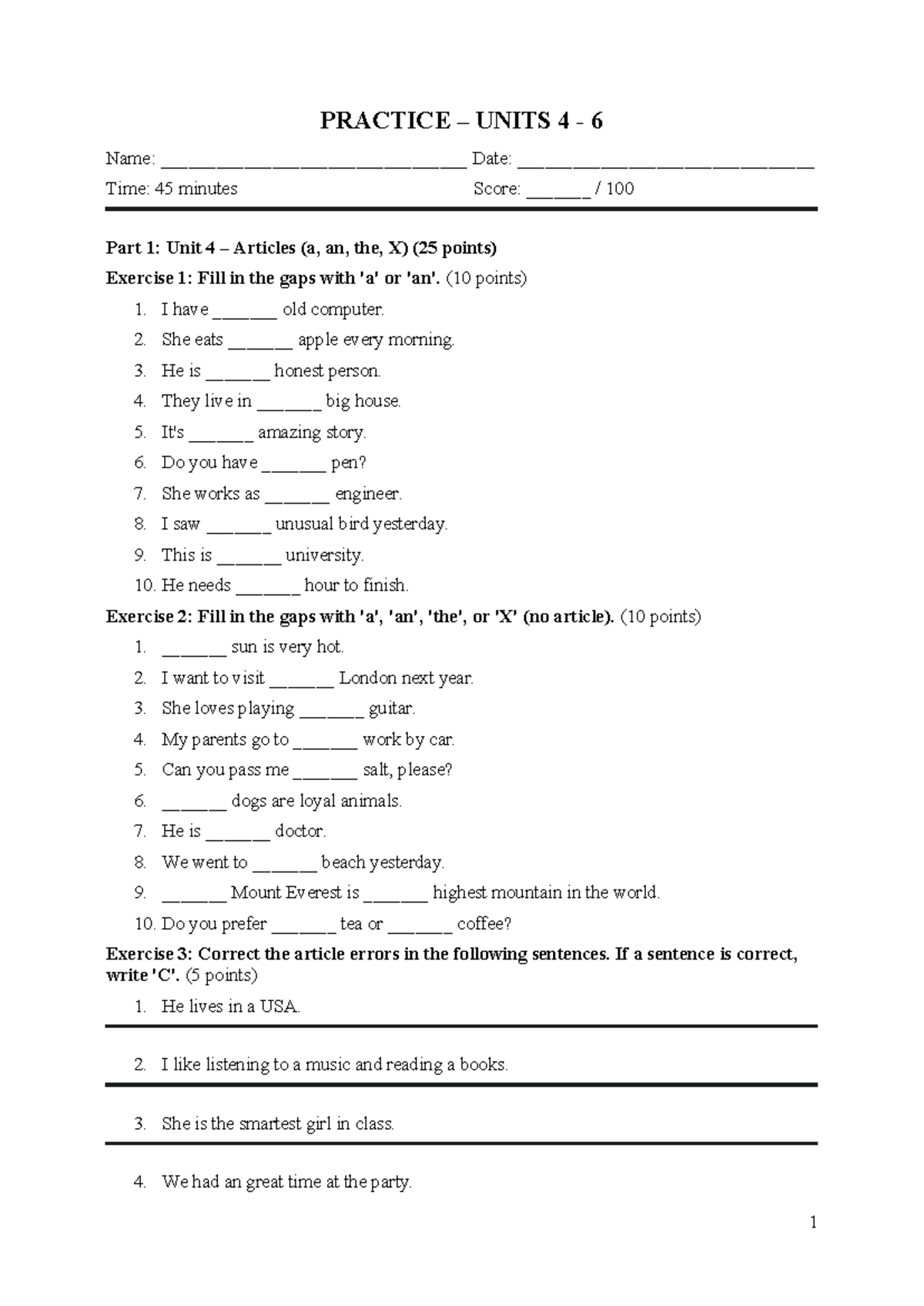 U4-6 Practice Units 4 & 5: Articles & Quantifiers Exercises - Studocu