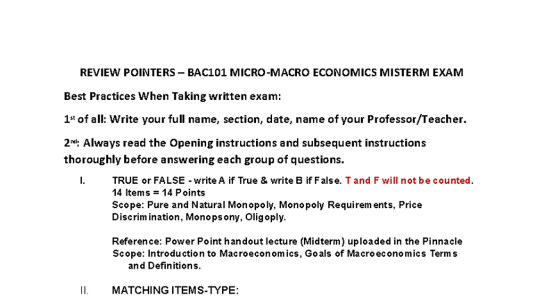 Midterm Exam Review Pointers for BAC101 Economics - Studocu