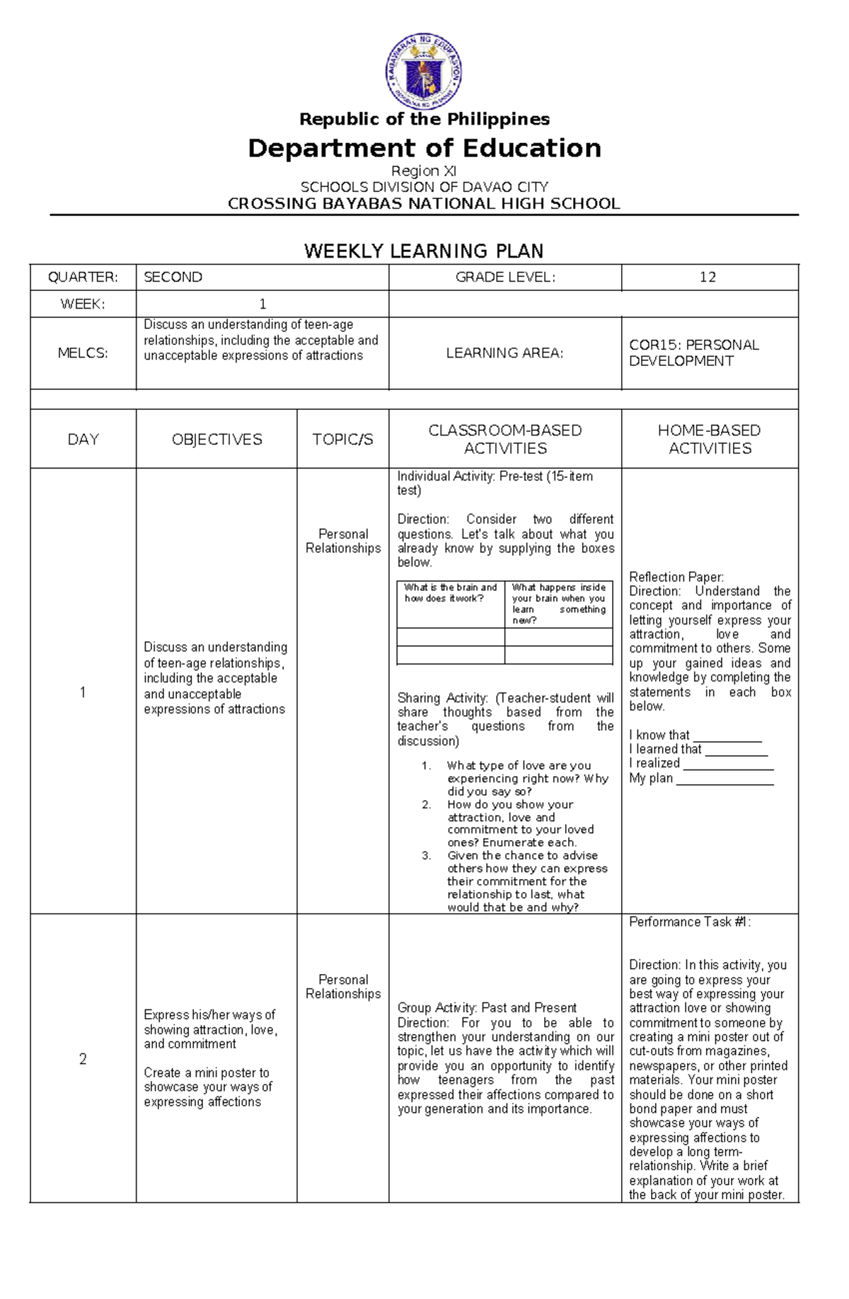 Weekly Learning Plan Q2: Understanding Relationships in Grade 2 - Studocu