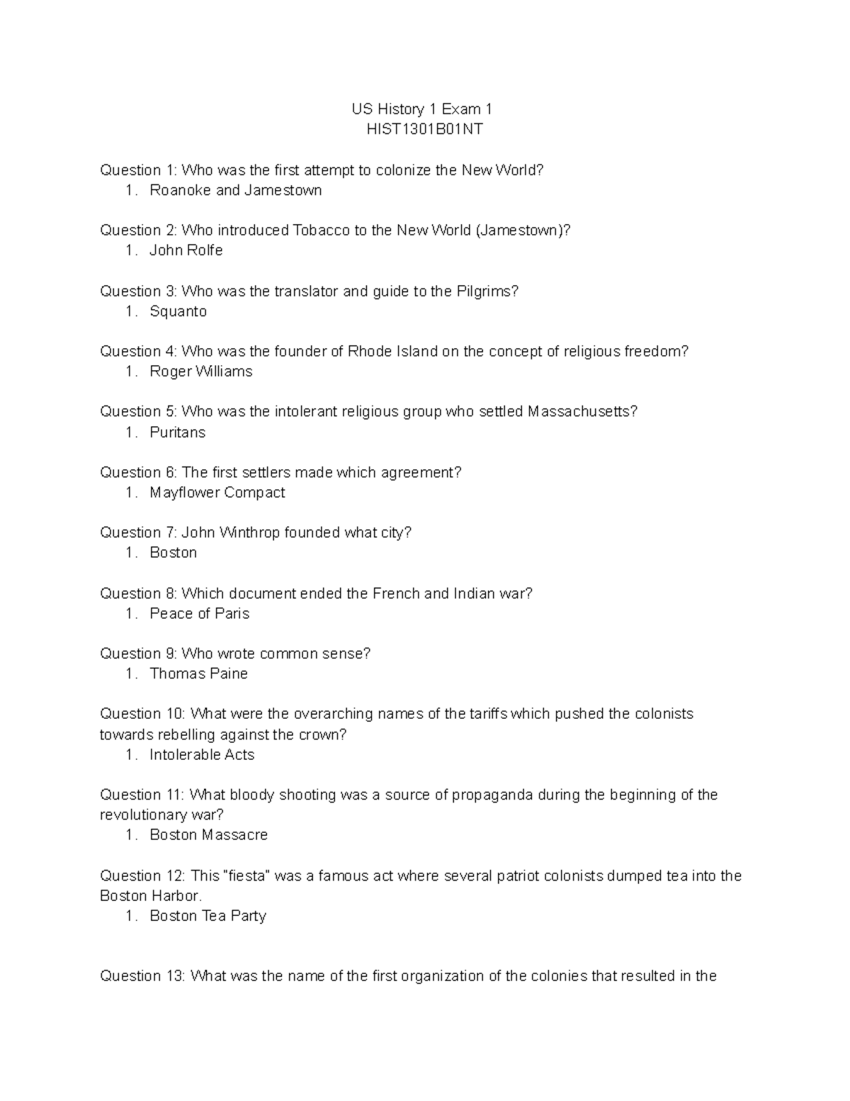 HIST1301B01NT US History 1 Exam 1 Review Questions and Answers - Studocu