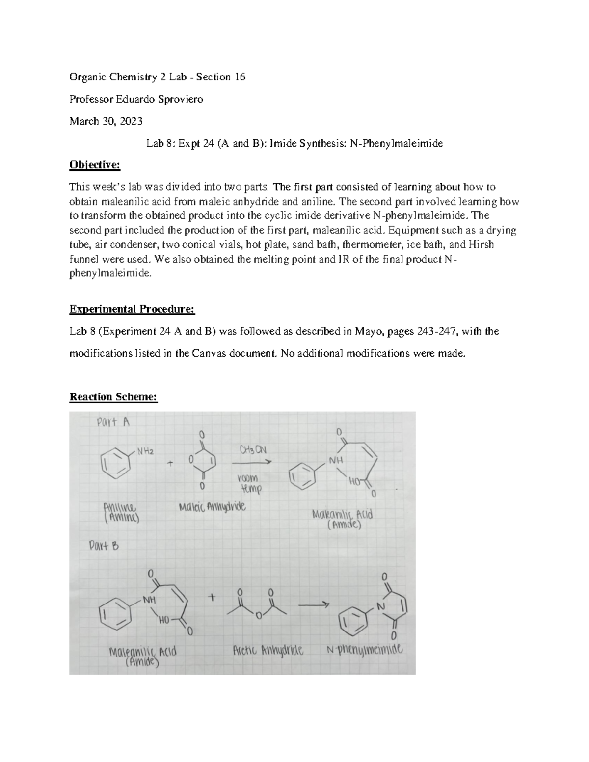 Orgo 2 Lab 8: Imide Synthesis - Organic Chemistry 2 Lab - Section 16 ...