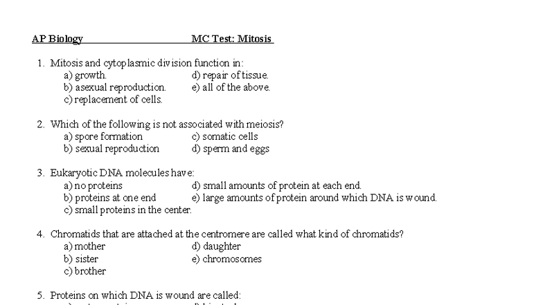 AP Biology MC Test: Cell Division & Reproduction - Studocu