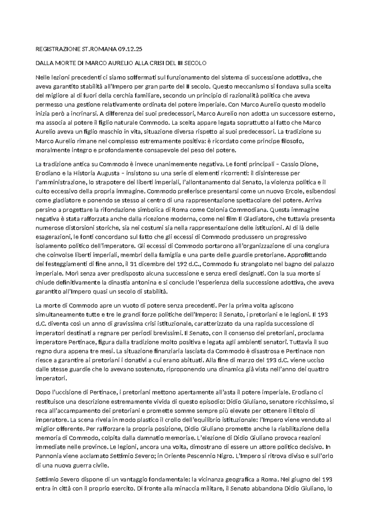 ST. Romana 09-11 - Appunti sulla Crisi del Secolo e Marco Aurelio - Studocu