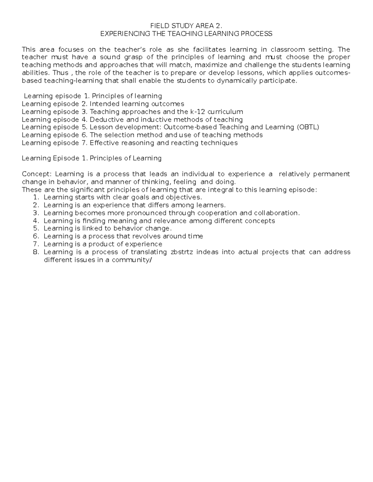 Field Study AREA 2: Teaching & Learning Process Insights - Studocu