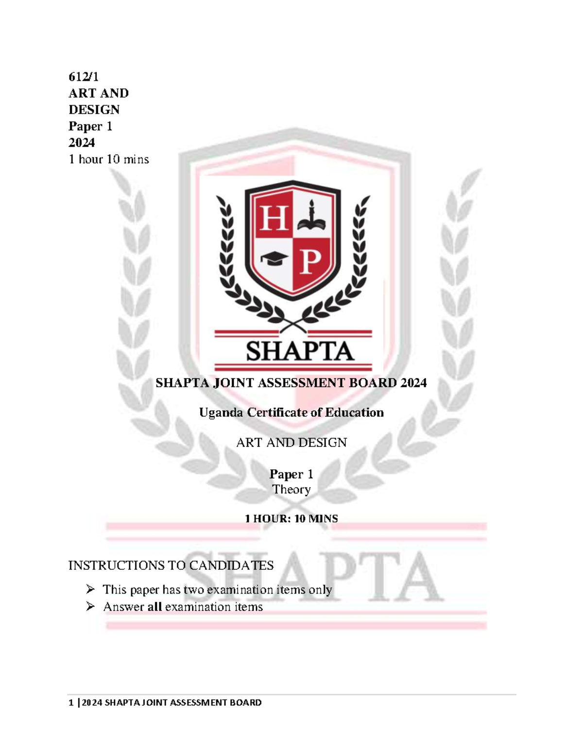 ART AND DESIGN P1 2024 - SHAPTA Joint Assessment Exam Guide - Studocu
