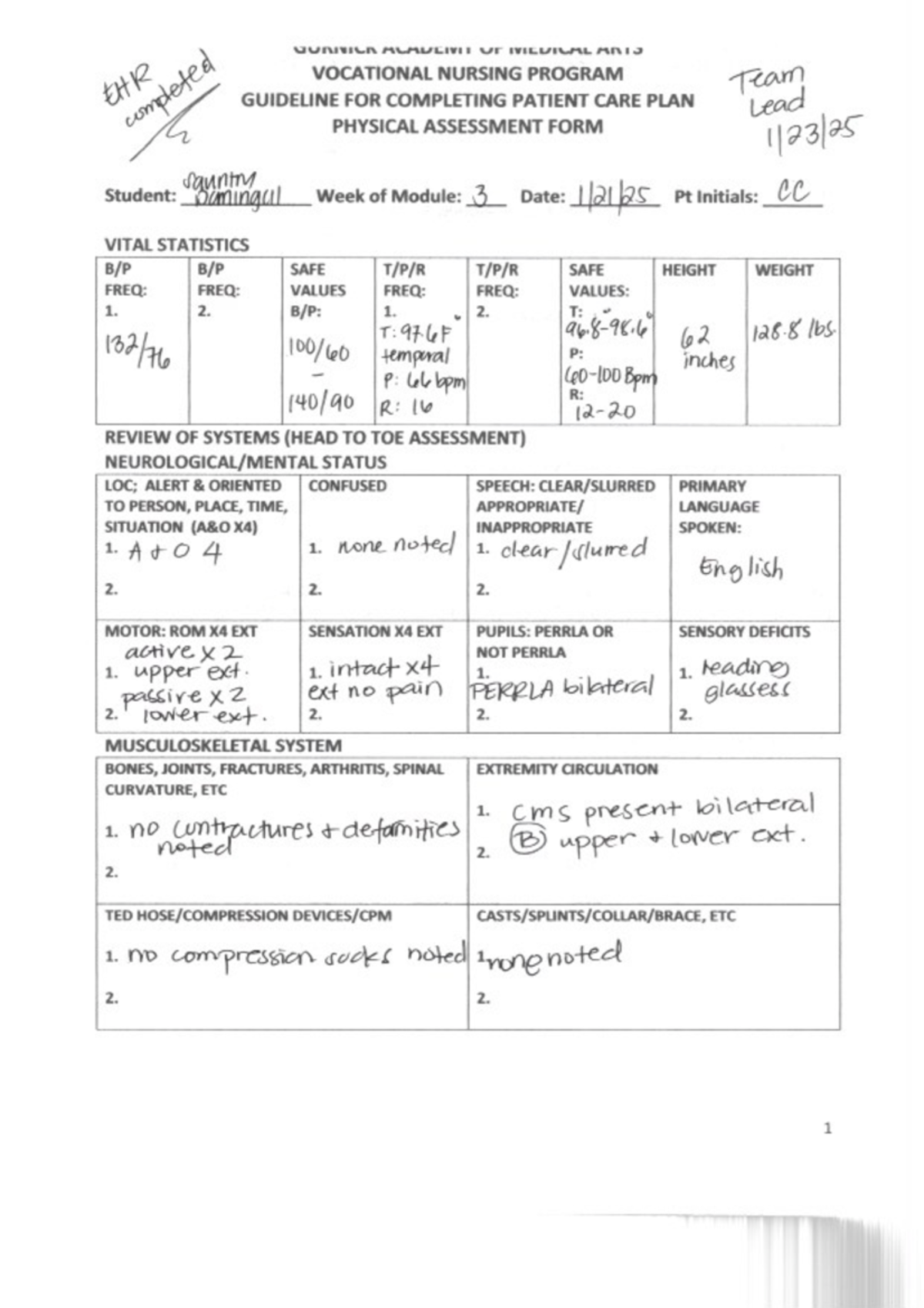 Physical Assessment Forms for Vocational Nursing Program (Wk 3) - Studocu