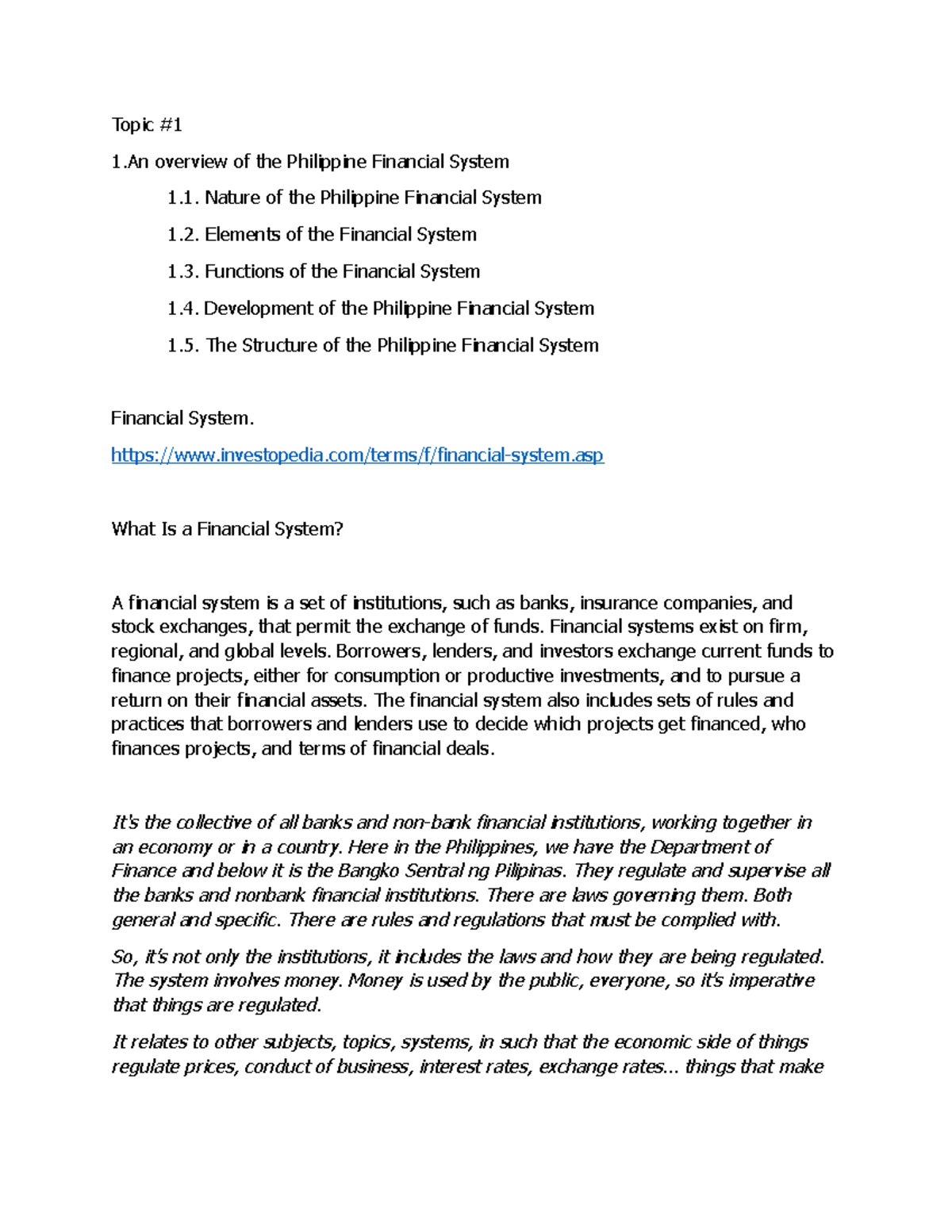 BFI Module 1 script - Topic # 1 overview of the Philippine Financial ...