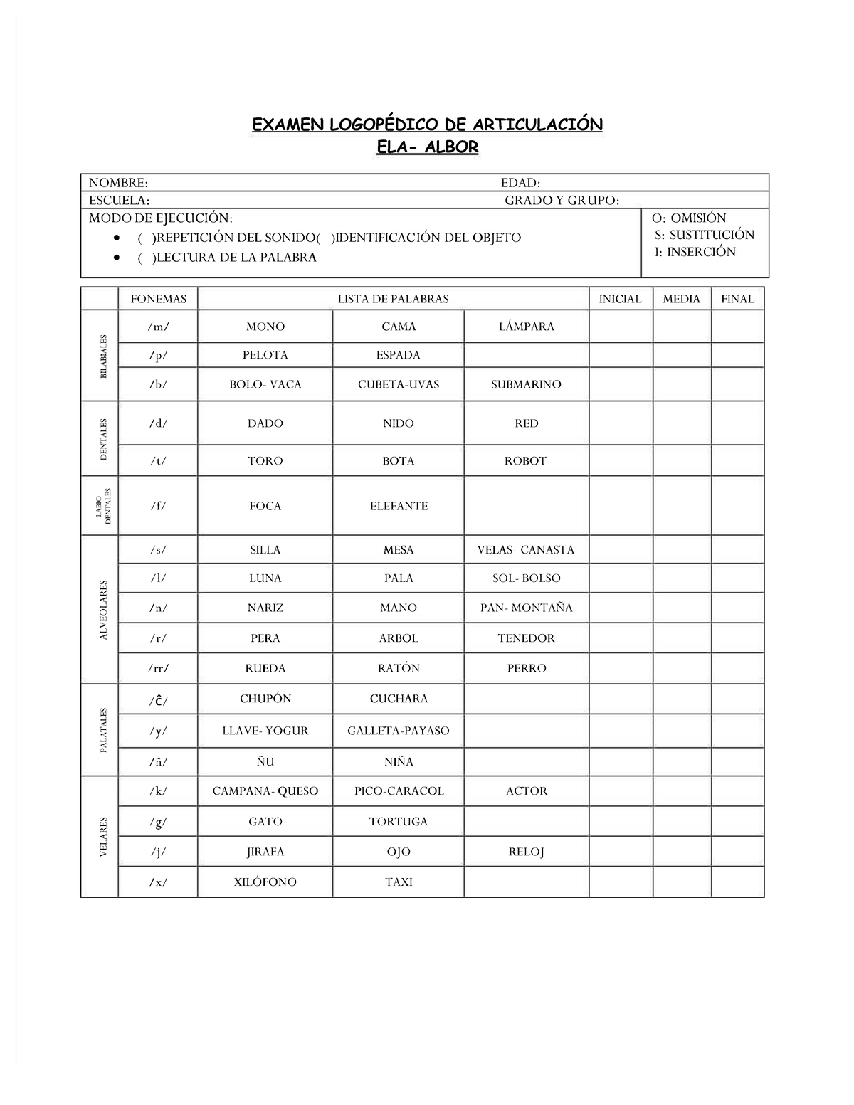 EXAMEN LOGOPÉDICO DE ARTICULACIÓN ELA-ALBOR - Studocu