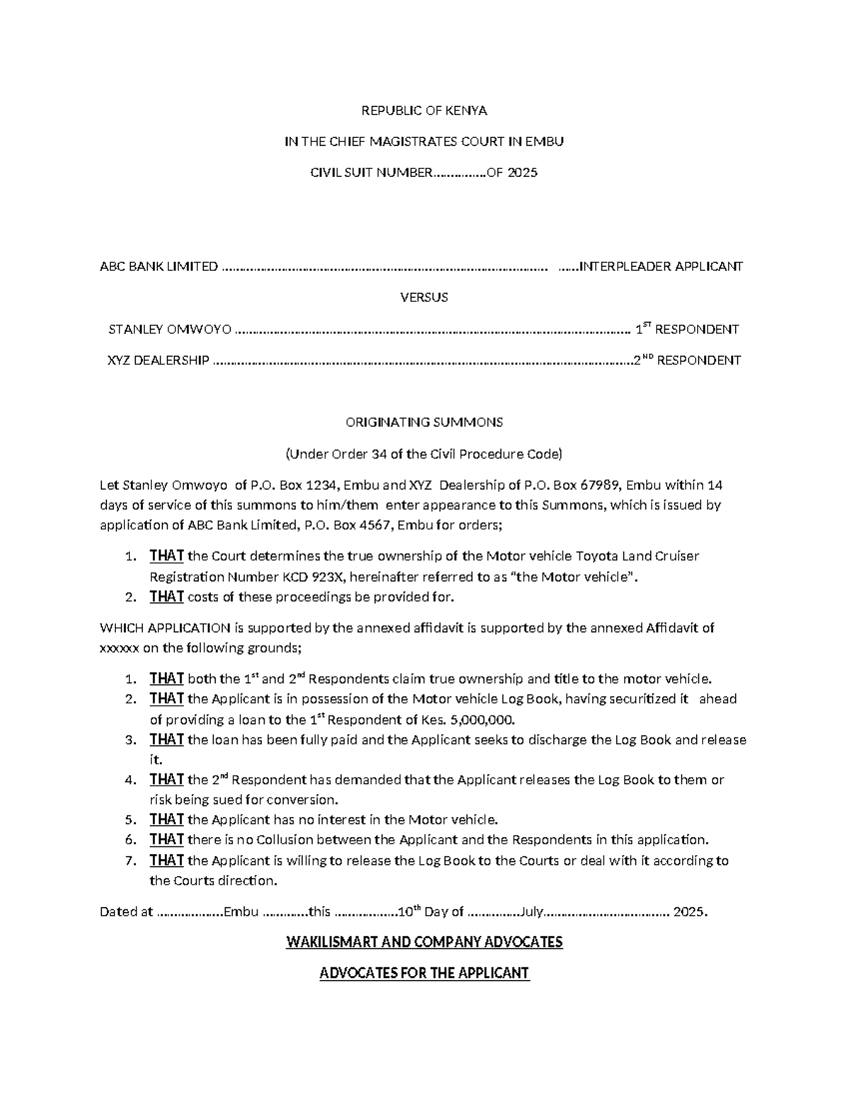 Interpleader Case: ABC Bank Ltd vs. Stanley Omwoyo & XYZ Dealership ...