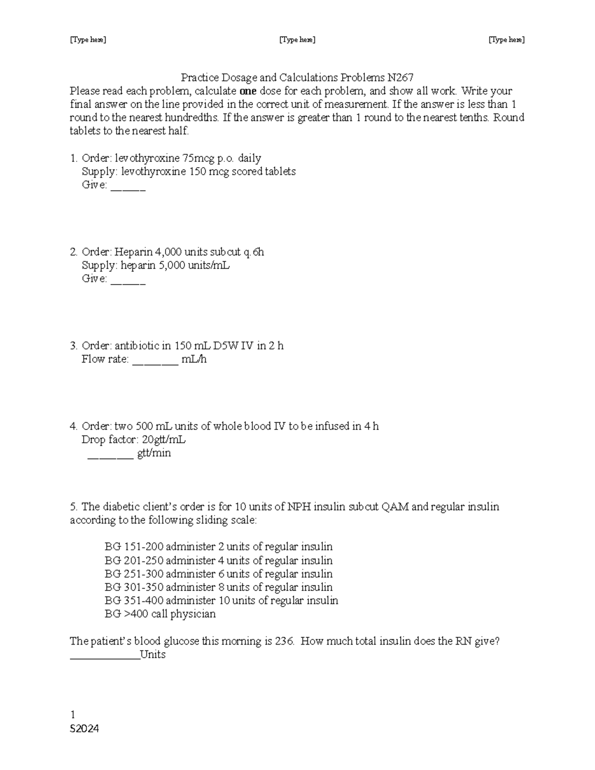 N267 Medication Practice Problems: Dosage Calculations Guide - Studocu