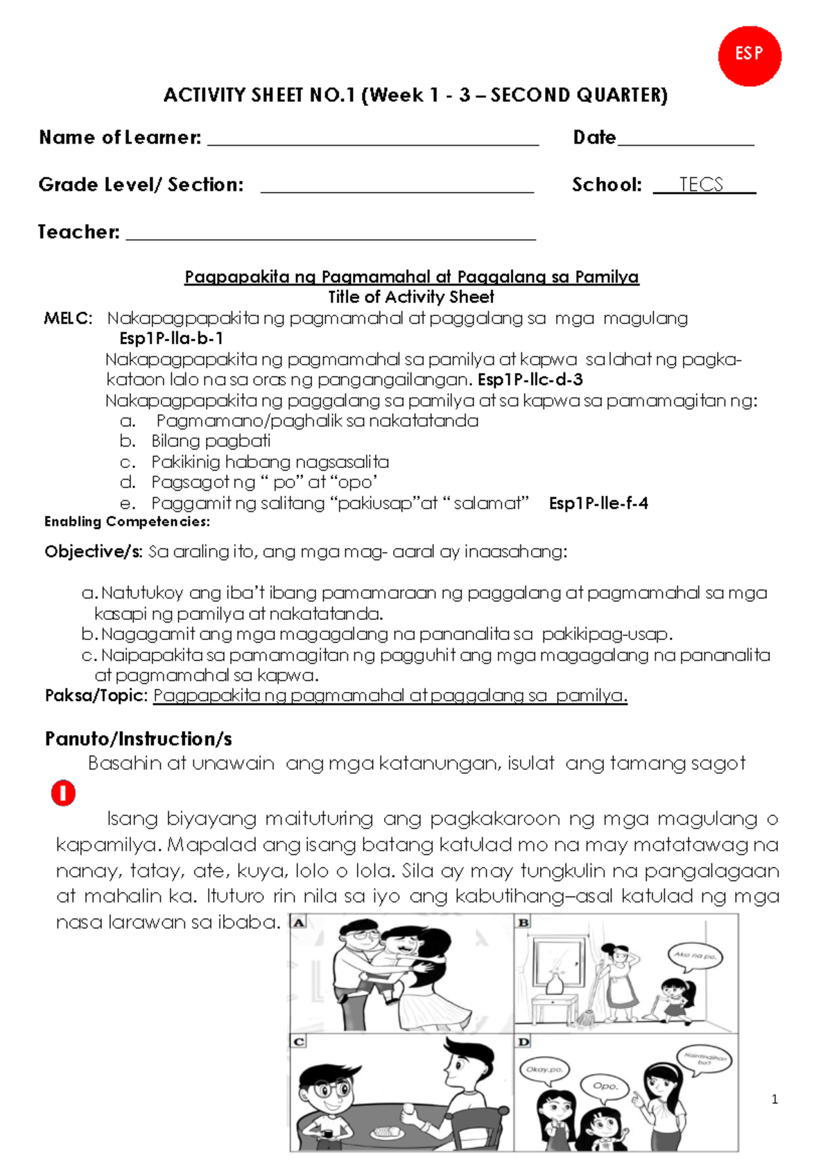 Activity Sheet - ESP - 2nd Quarter - Weeks 1 to 3 - Respect & Love for ...