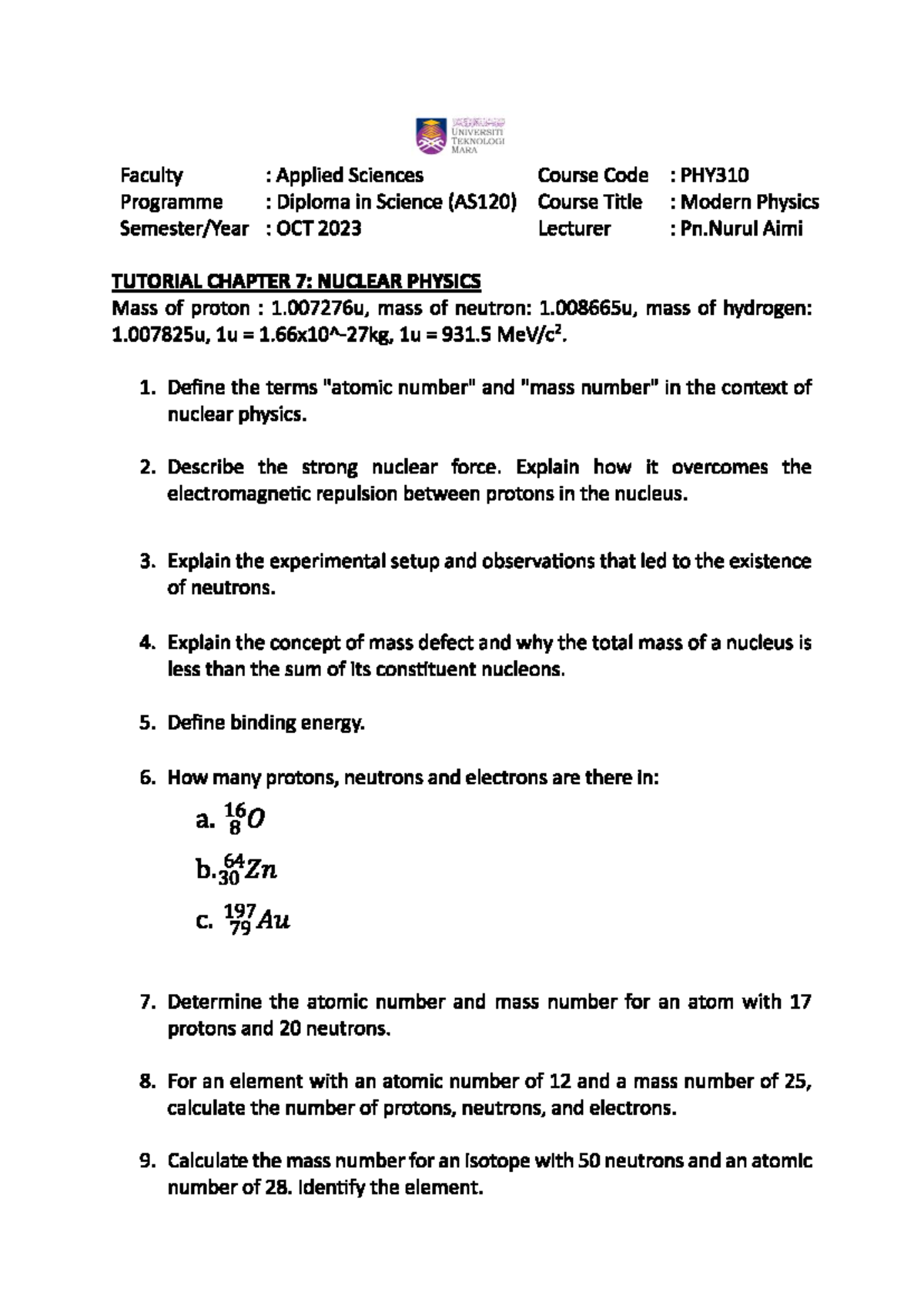 PHY310 Tutorial: Chapter 7 - Nuclear Physics Notes (OCT 2023) - Studocu