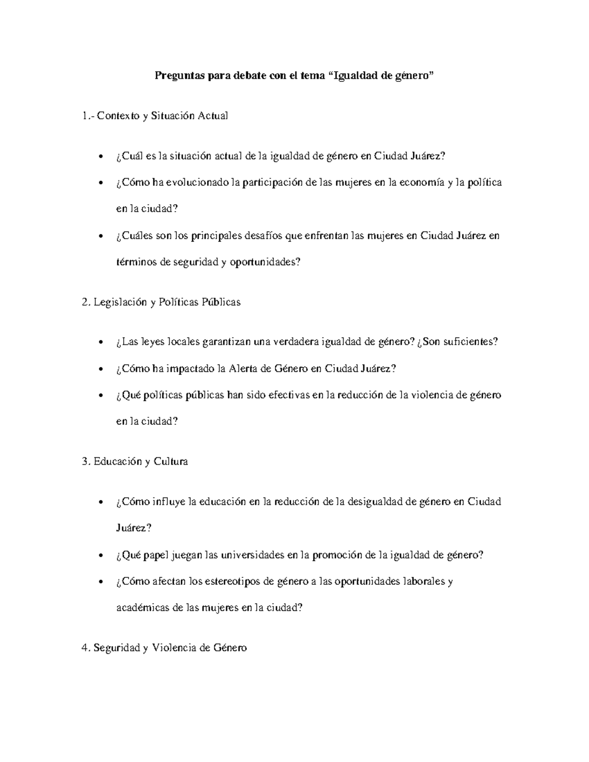 Debate sobre Igualdad de Género: Preguntas Clave para Reflexionar - Studocu