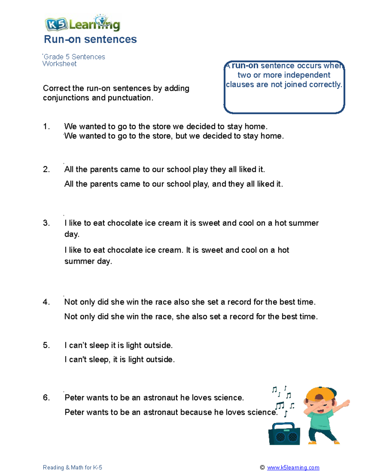Grade 5: Correcting Run-On Sentences Worksheet - Studocu