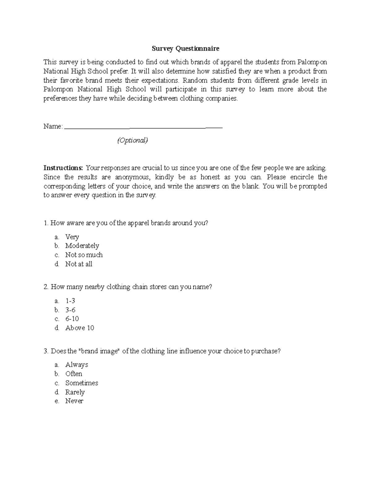 Survey of Brand Apparel - Survey Questionnaire This survey is being ...