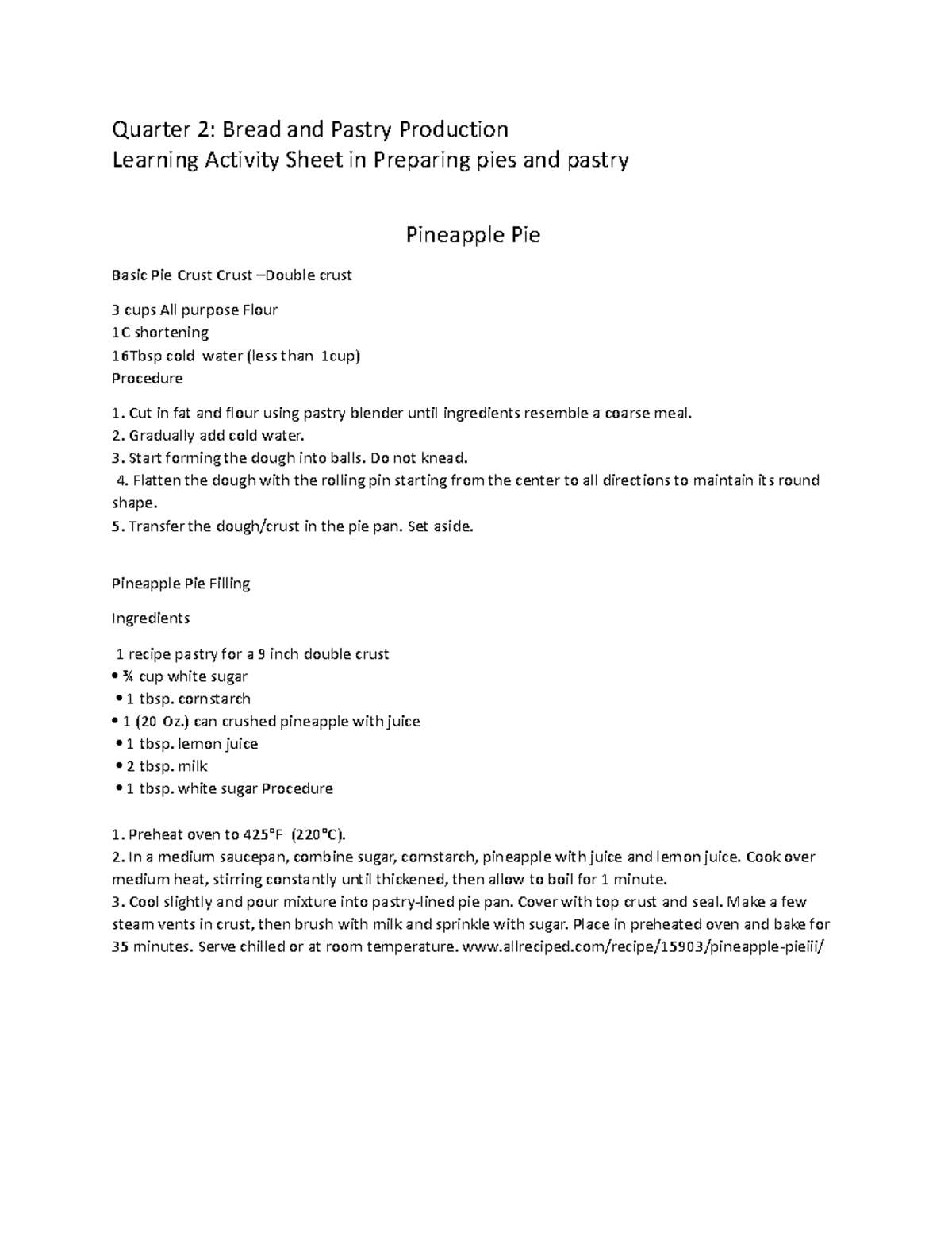 LAS Pastries Pineapple Pie - Quarter 2: Bread and Pastry Production ...