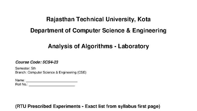 RTU AOA Lab File CSE exact 10 - Rajasthan Technical University, Kota Department of Computer ...