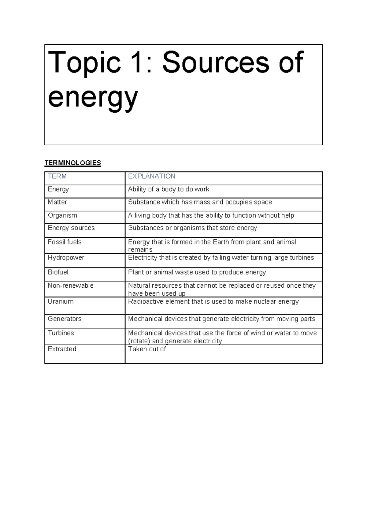 Grade 7 Energy Sources Notes - Key Concepts & Terminologies - Studocu