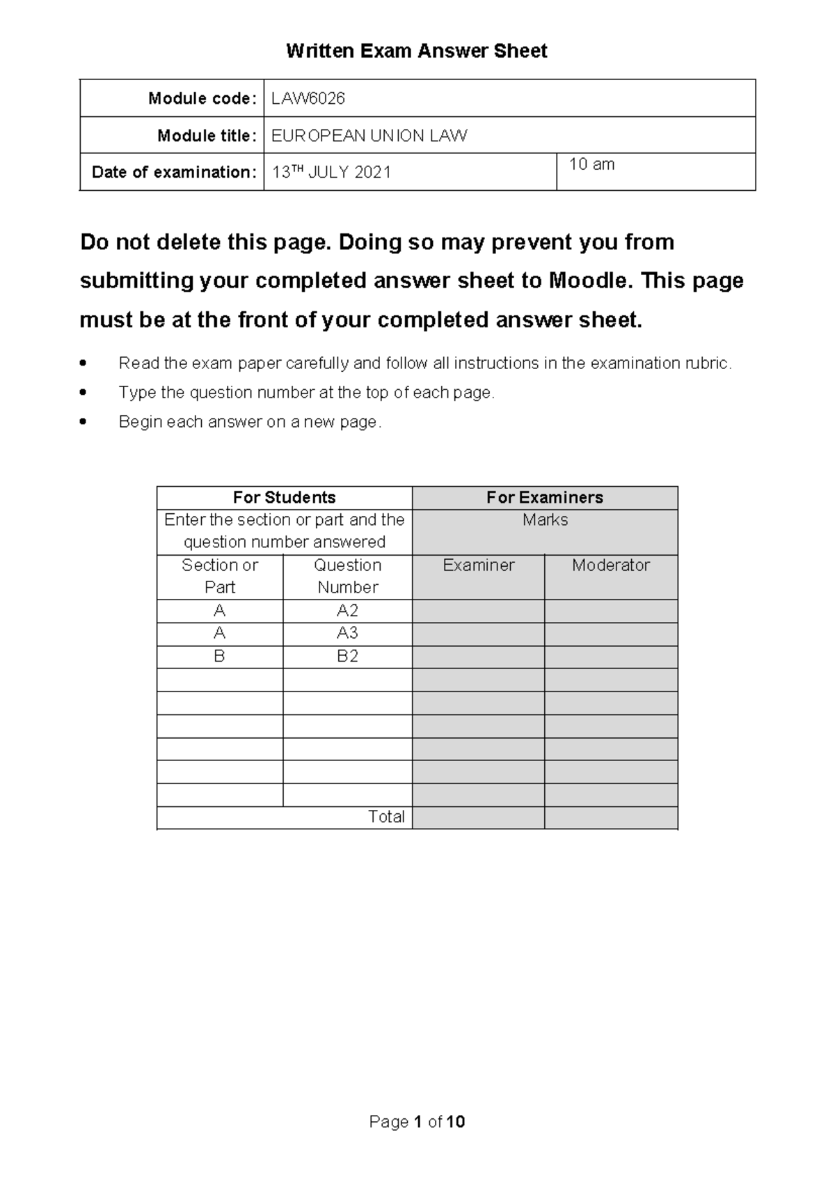 LAW6026 Final Exam Answer Sheet: European Union Law Analysis - Studocu
