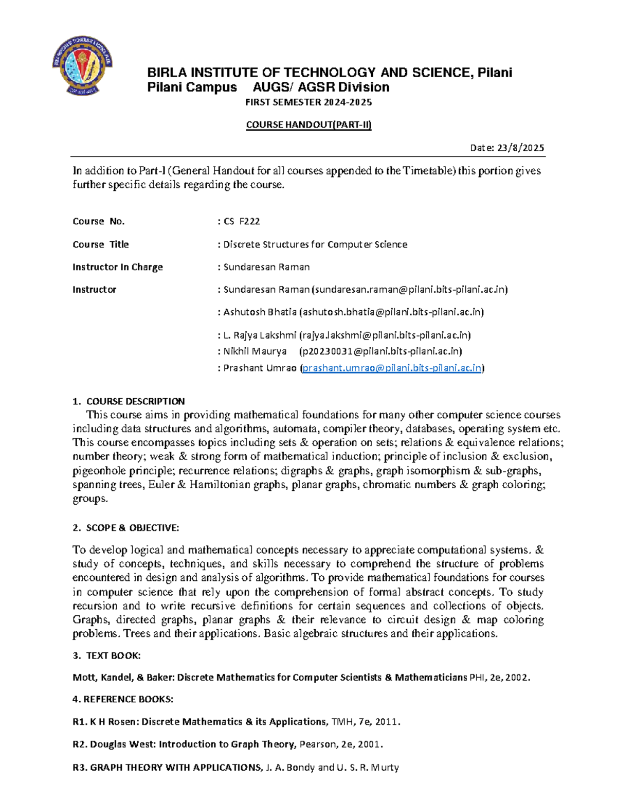 CS Discrete Structures Course Handout - First Semester Overview - Studocu