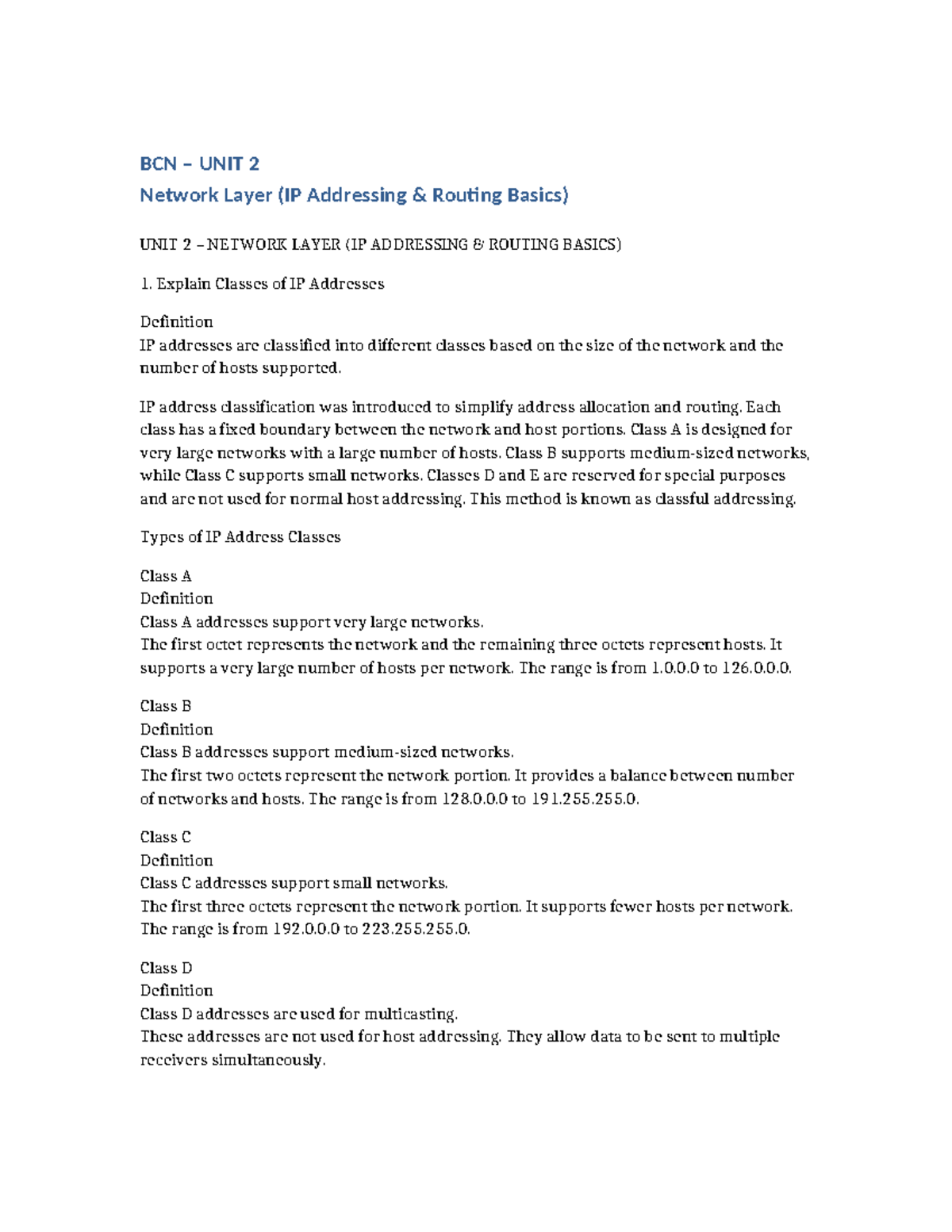 BCN Unit 2 - Basics of Computer Networks: IP Addressing & Routing - Studocu