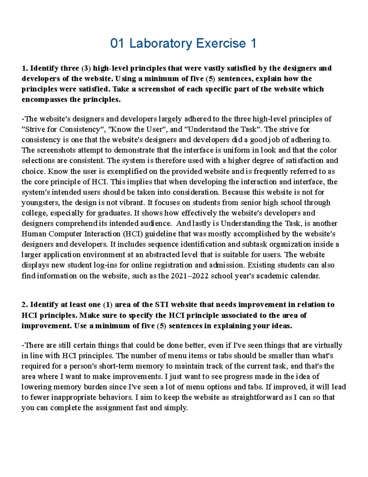 HCI Principles Evaluation: 01 Lab Exercise 1 Insights - Studocu