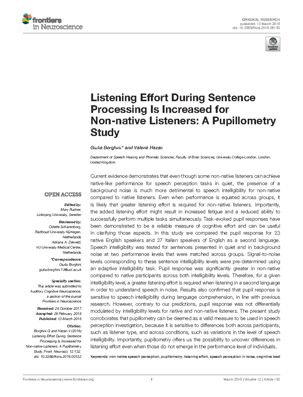 Listening Effort in Sentence Processing: A Pupillometry Study (Fnins-12 ...