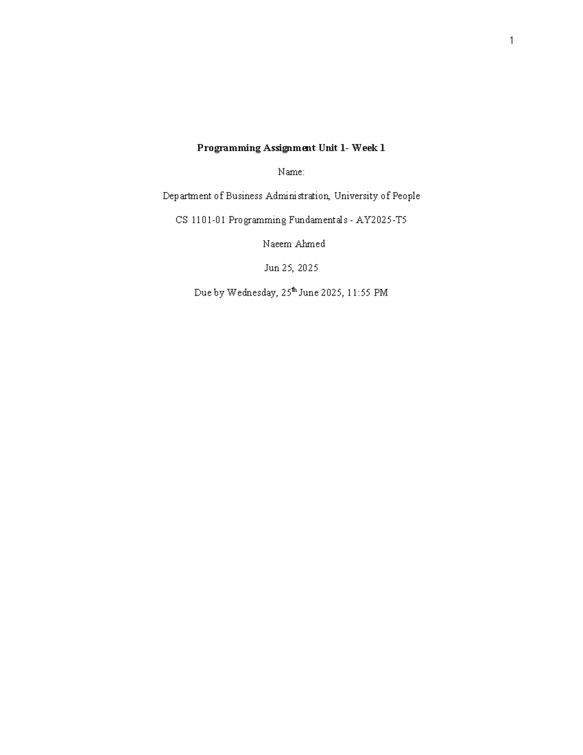 CS 1101-01 Programming Fundamentals - AY2025-T5 - Assignment 1 Insights - Studocu