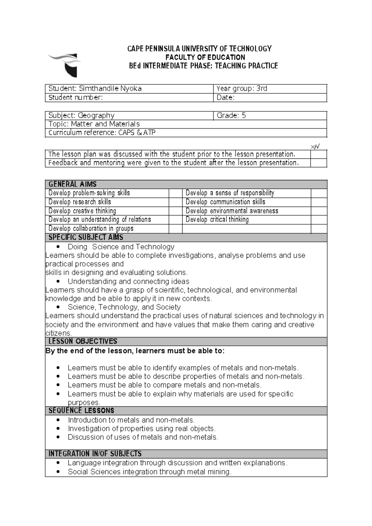 BEd Teaching Practice: Geography Lesson Plan on Matter & Materials ...