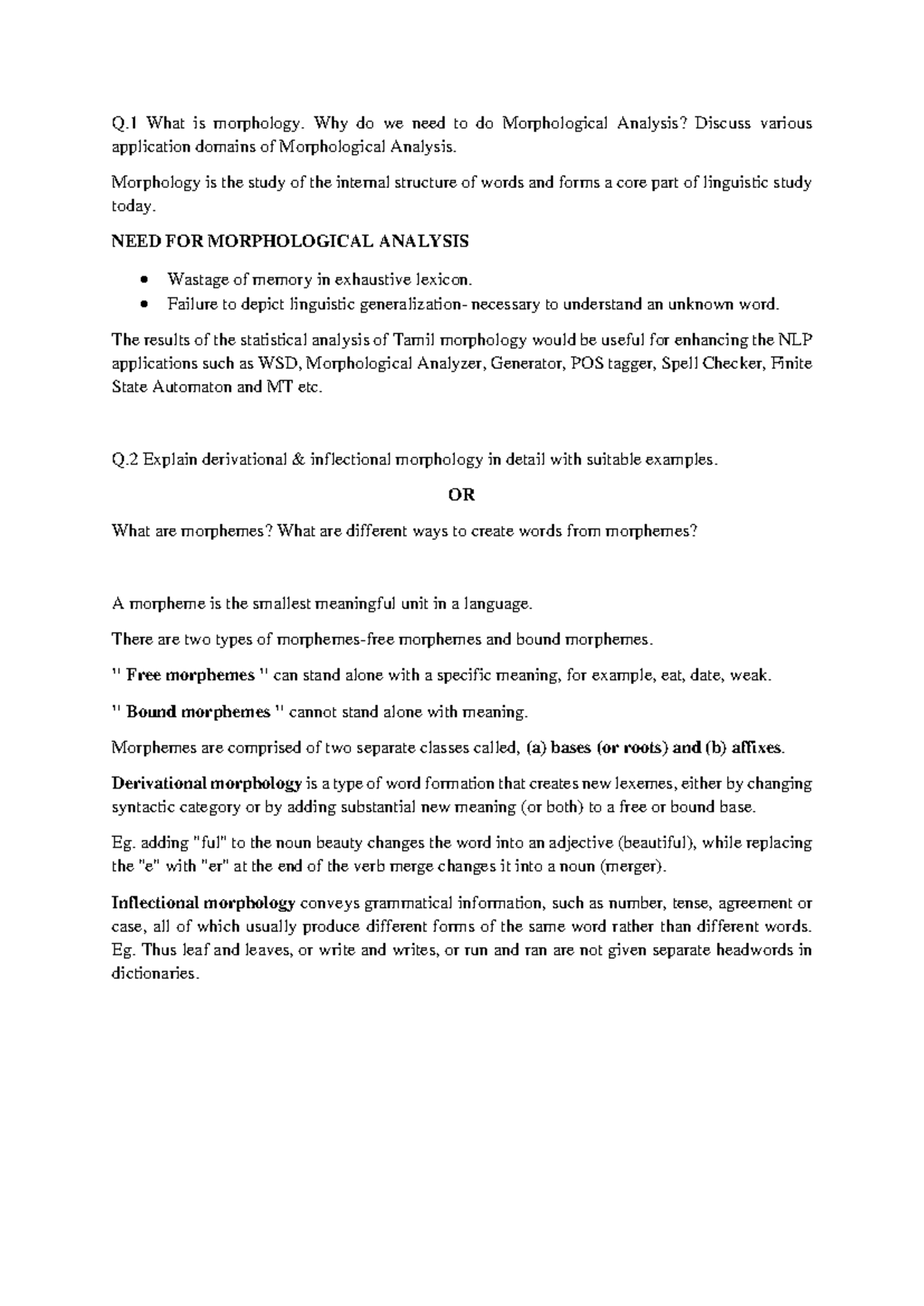 Module 2(NLP) - Lecture notes 2-3 - Q What is morphology. Why do we ...