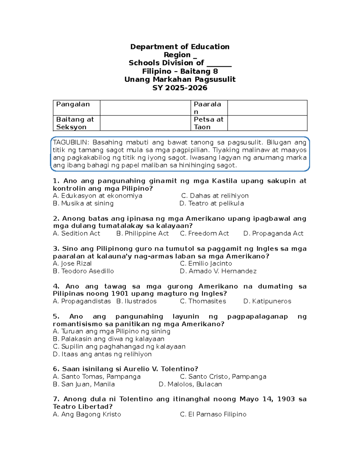 Filipino 8 Q1 Exam: Pagsusulit sa Unang Markahan ng Matatag Curriculum ...